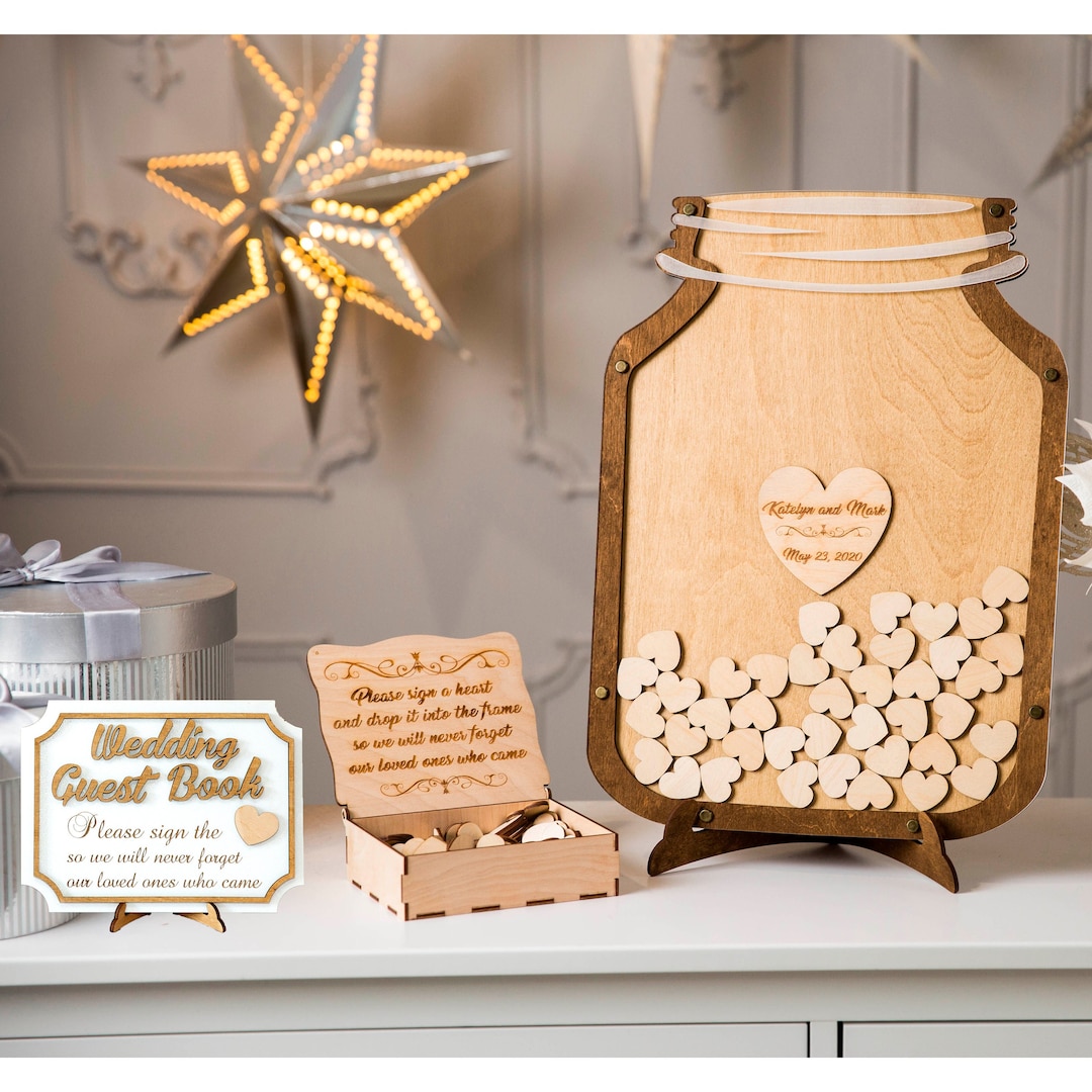 Rustic Mason Jar Wedding Guest Book: Wooden Hearts Guestbook ...