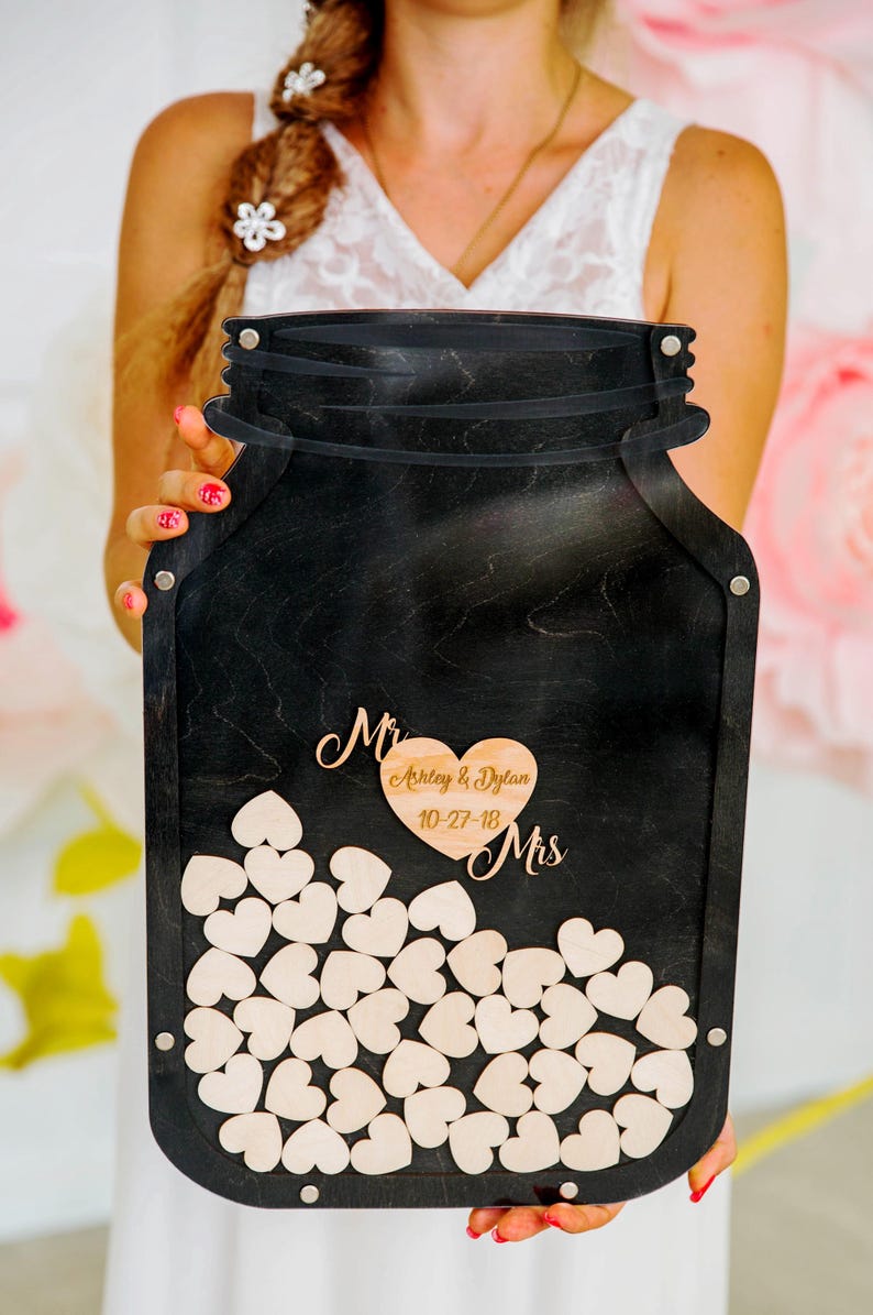 Personalized Mason Jar Wedding Guest Book: Rustic Wood Hearts, Custom ...