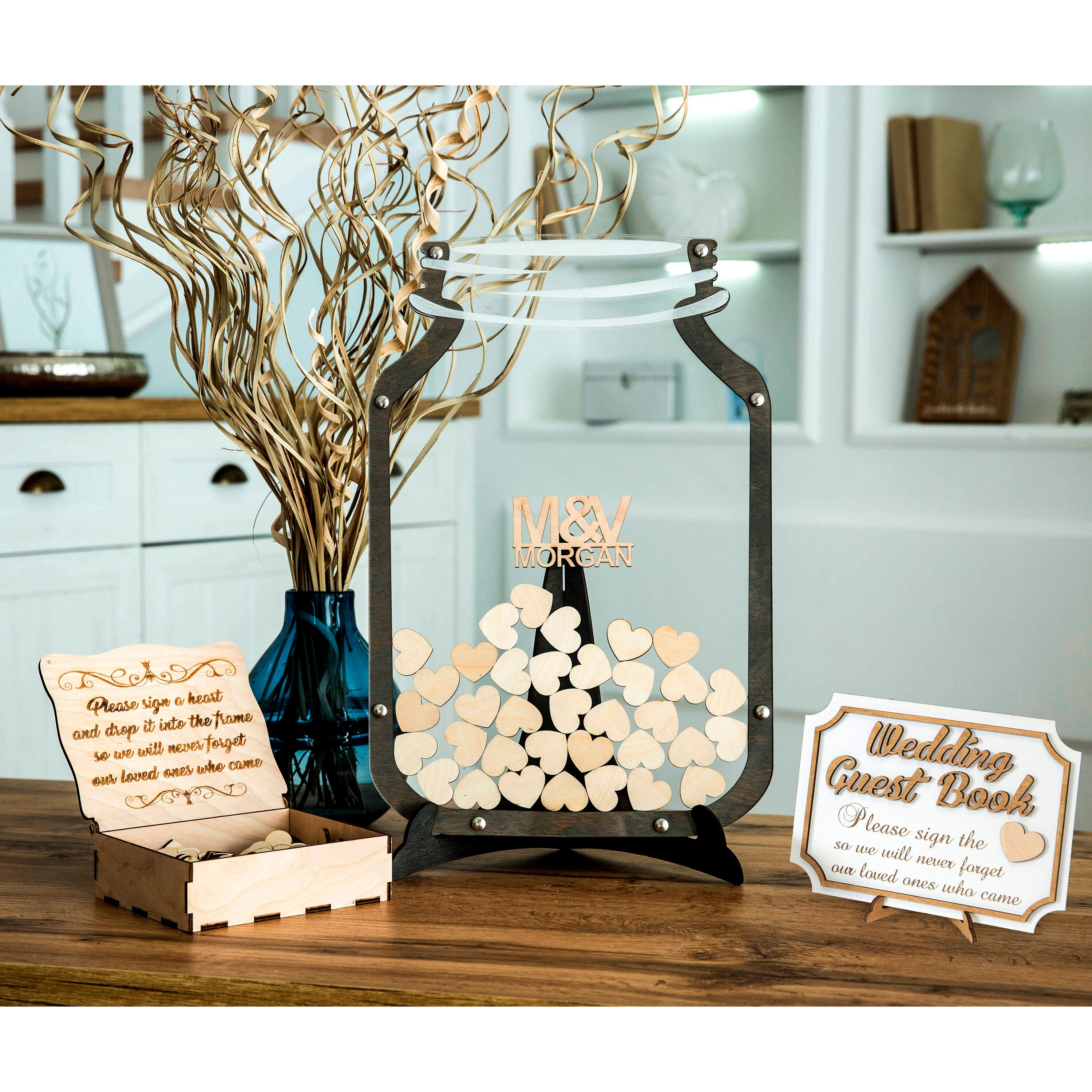 Rustic Mason Jar Wedding Guest Book: Wooden Hearts Guestbook ...
