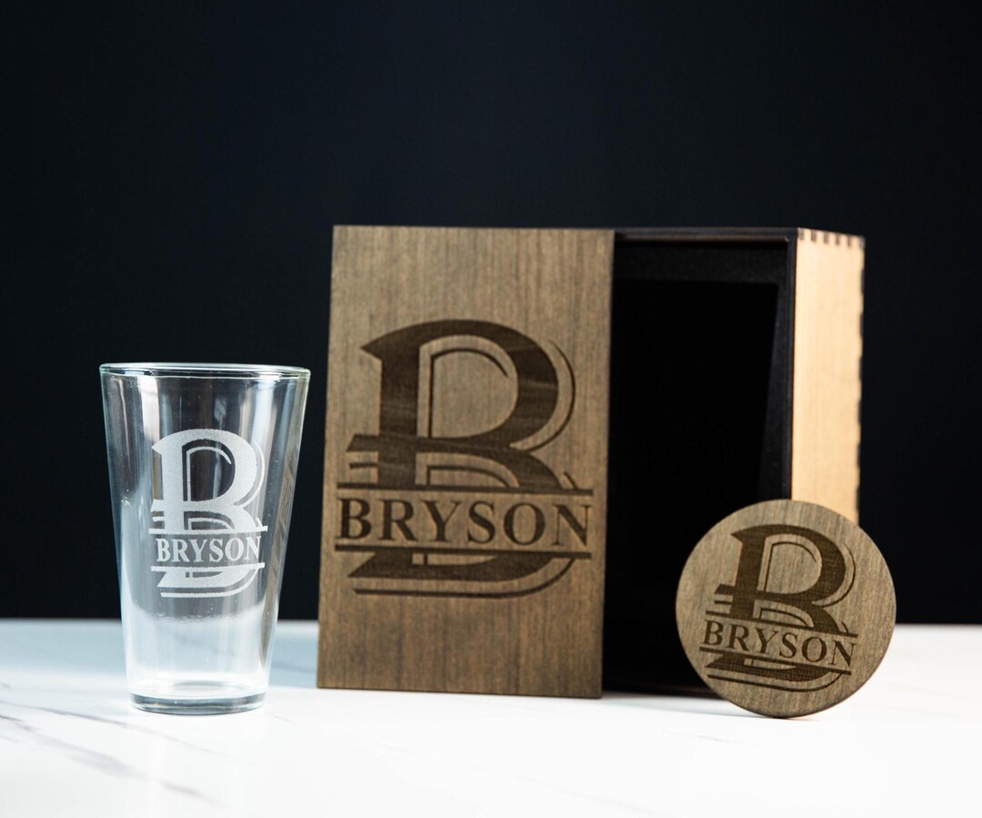 Personalized Beer Glass Set With Custom Wooden Box, Engraved Pint Glass ...