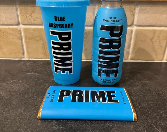 Prime Hydration Blue Raspberry Full Unopened Bottle, 24oz Cold Cup and ...