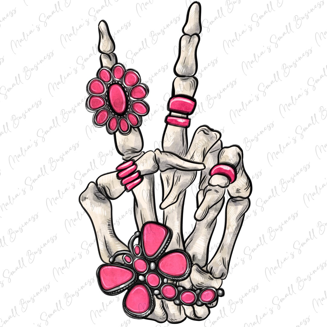 Pink Gemstone Peace Skeleton Hand Png Sublimation Design Download ...