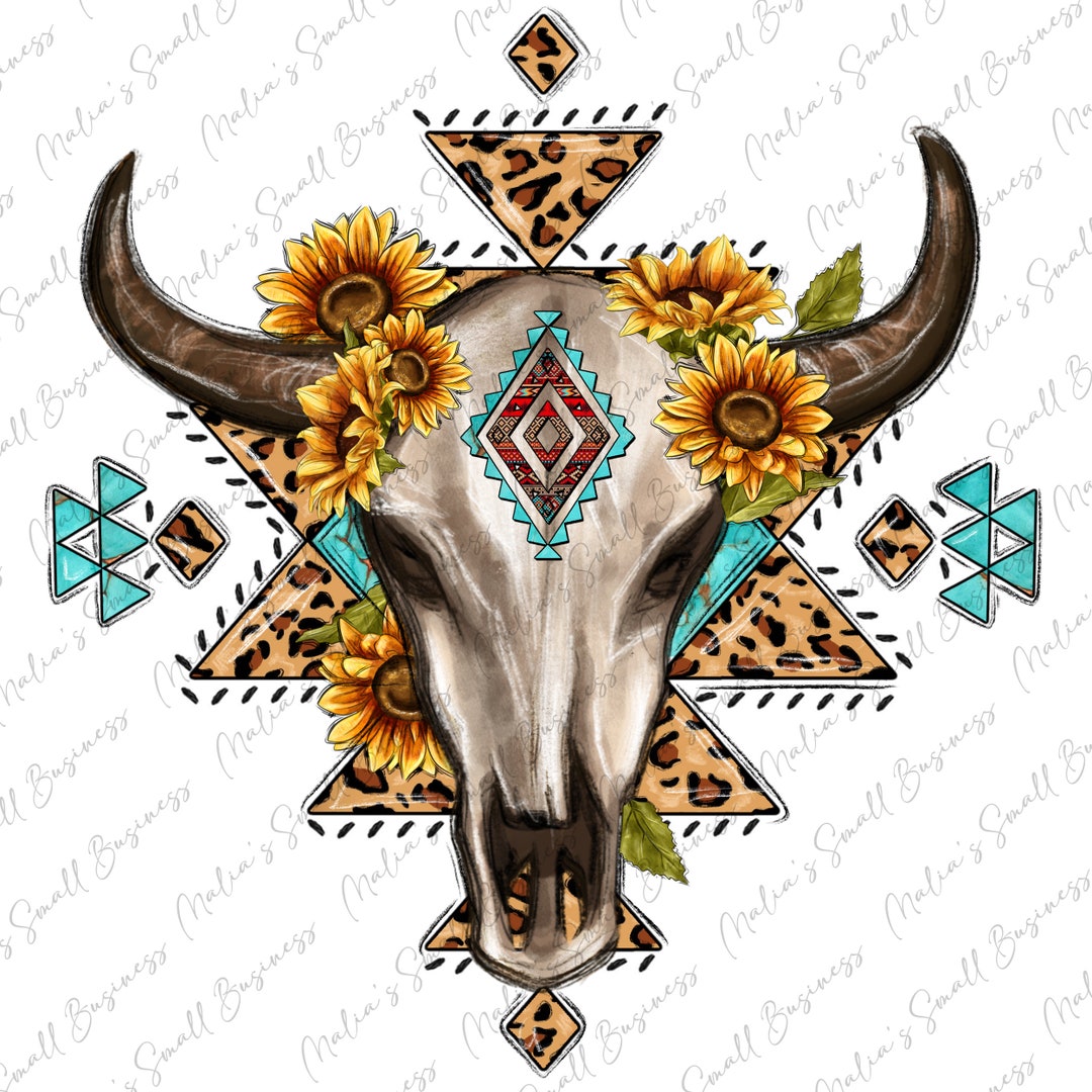 Bull Skull With Aztec With Sunflower and Leopard Png, Western Png, Bull ...
