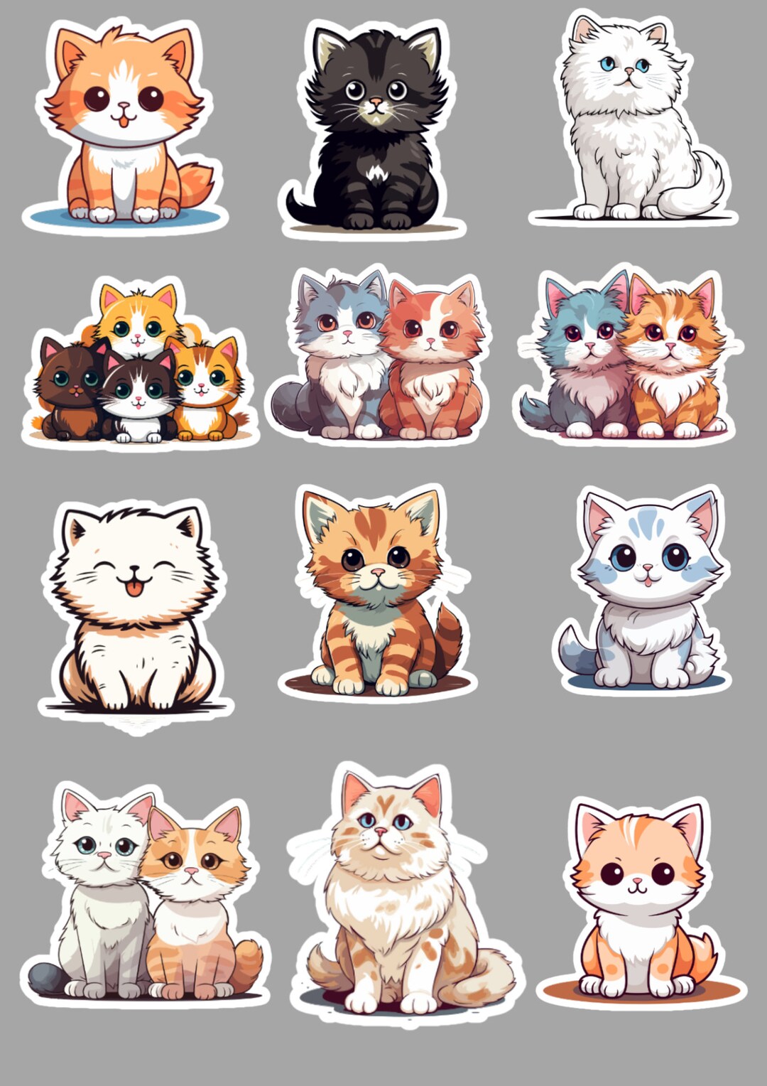 12 Cats Print and Cut Digital PNG Sticker Sheets 12 Different - Etsy