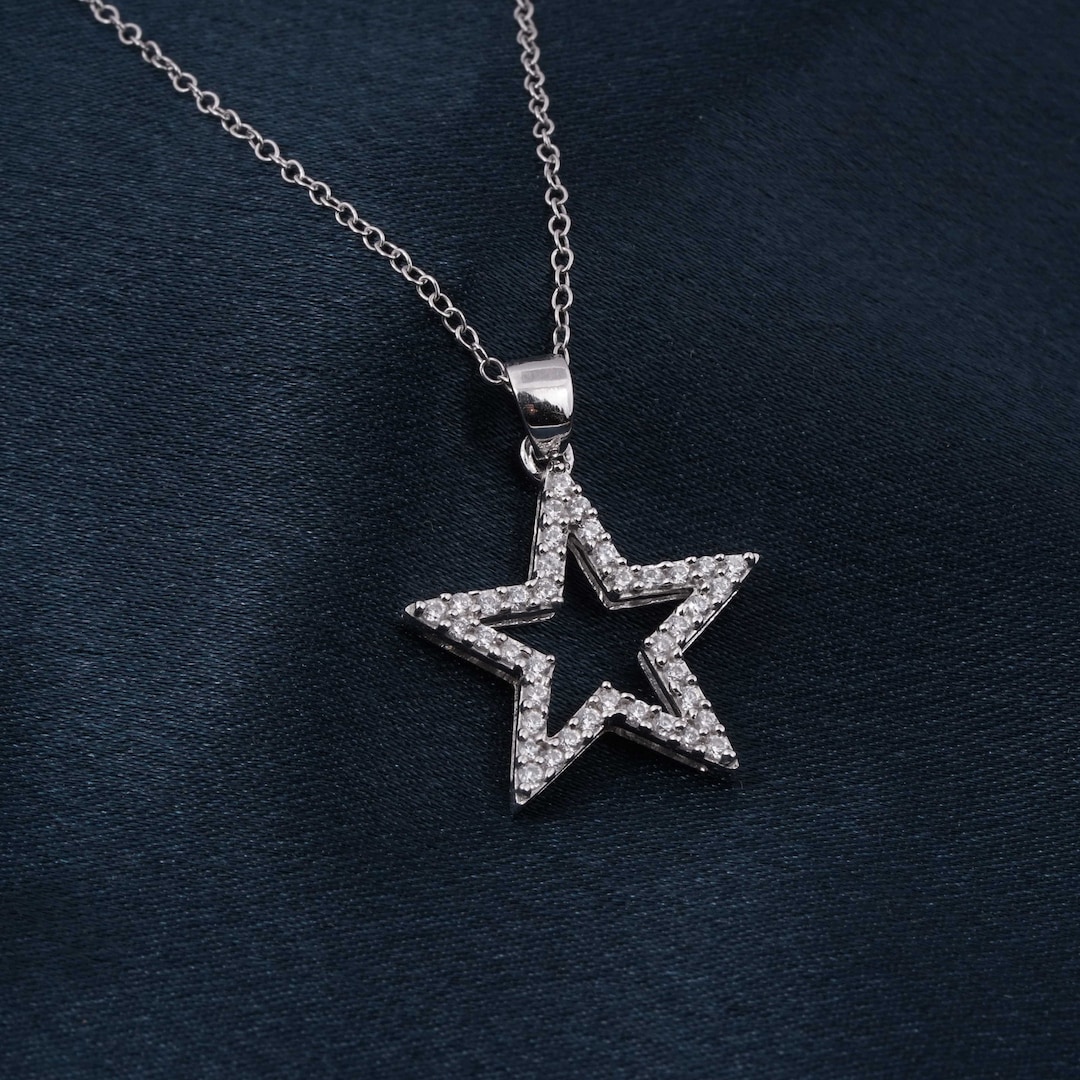 925 Sterling Silver Star Pendant Necklace With Natural Certified Moissanite Star Charm Necklace ...