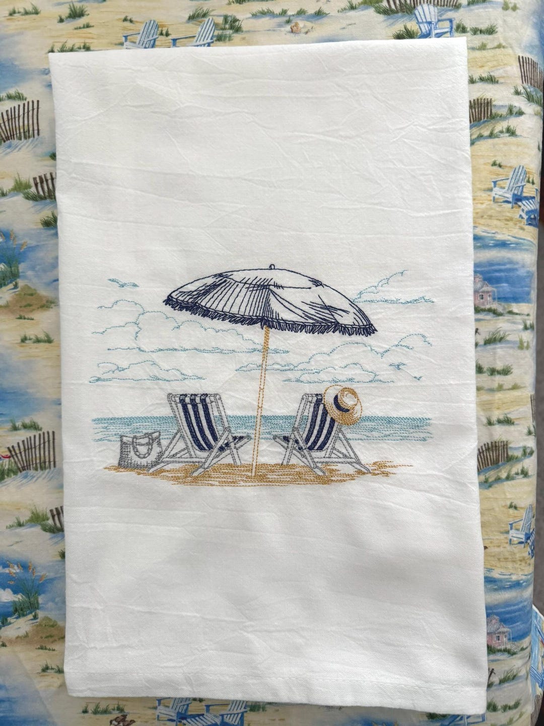 Embroidered Beach Scene Tea Towel: Coastal Kitchen Decor - Etsy