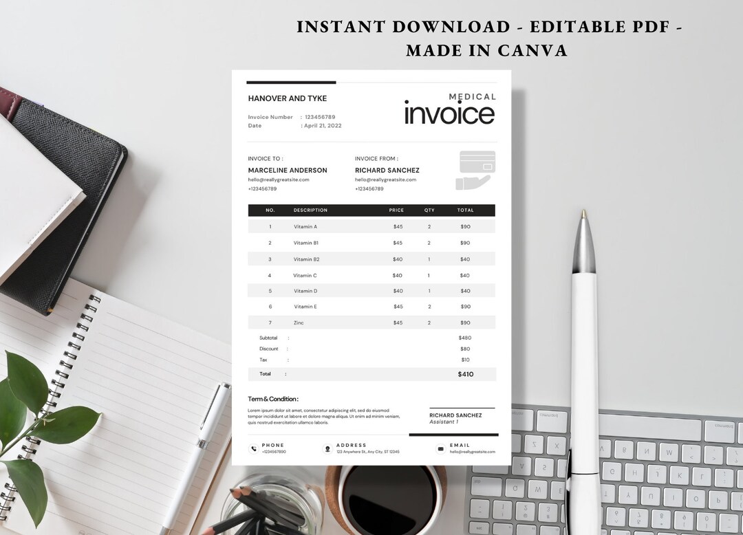 Black Bold Modern Medical Invoice Template, Editable Word Document ...