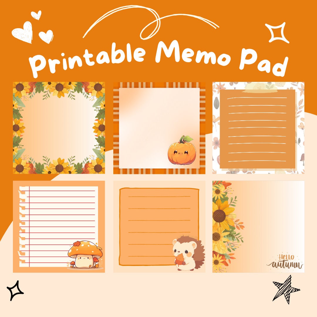 Printable Autumn Memopad, Cute Printable Notepad, Orange Memo Sheets ...
