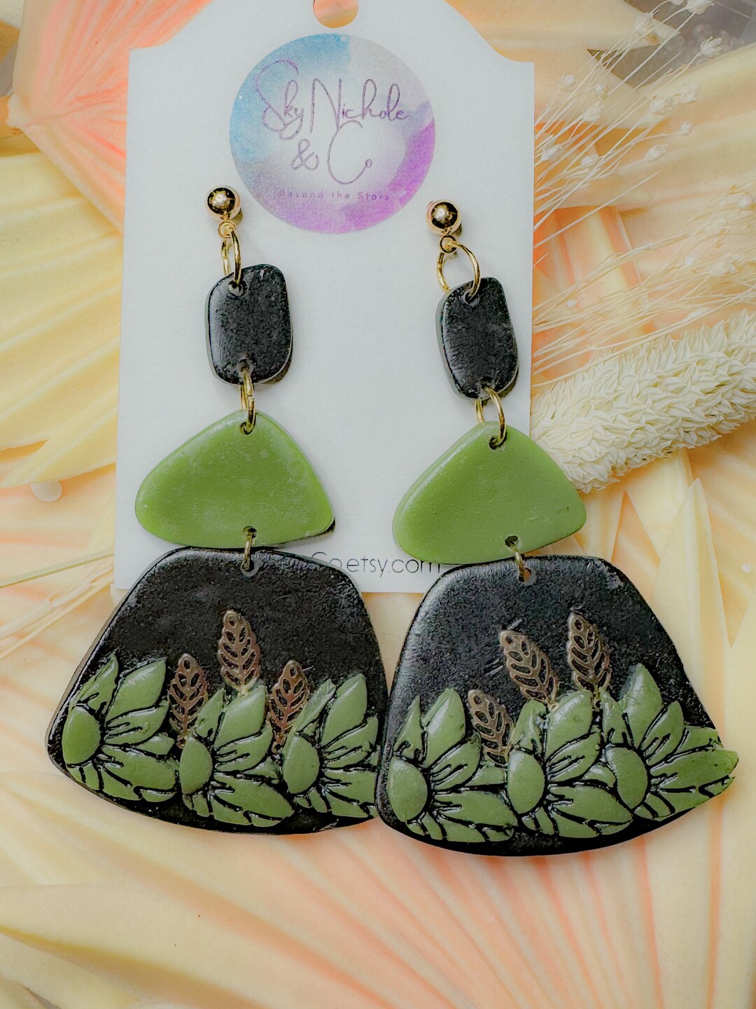 Handmade, Polymer Clay Boho Earrings, Olive Green, Black, Gift for Her ...