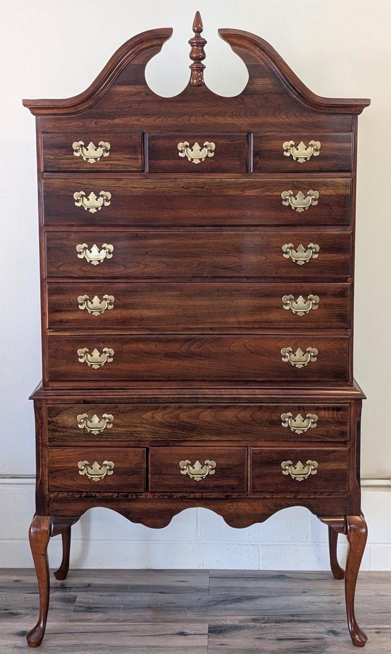 1970's Solid Cherry Queen Anne Bonnet Top Highboy by Cresent Furniture ...