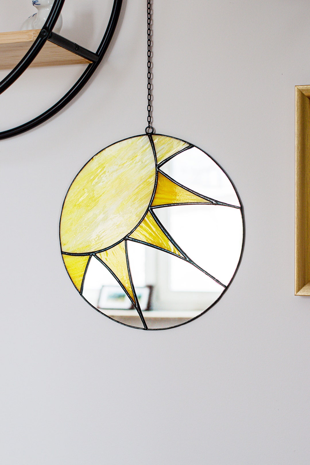 Sun-shaped Stained Glass Hanging Mirror, Round Decorative Glass Sun ...