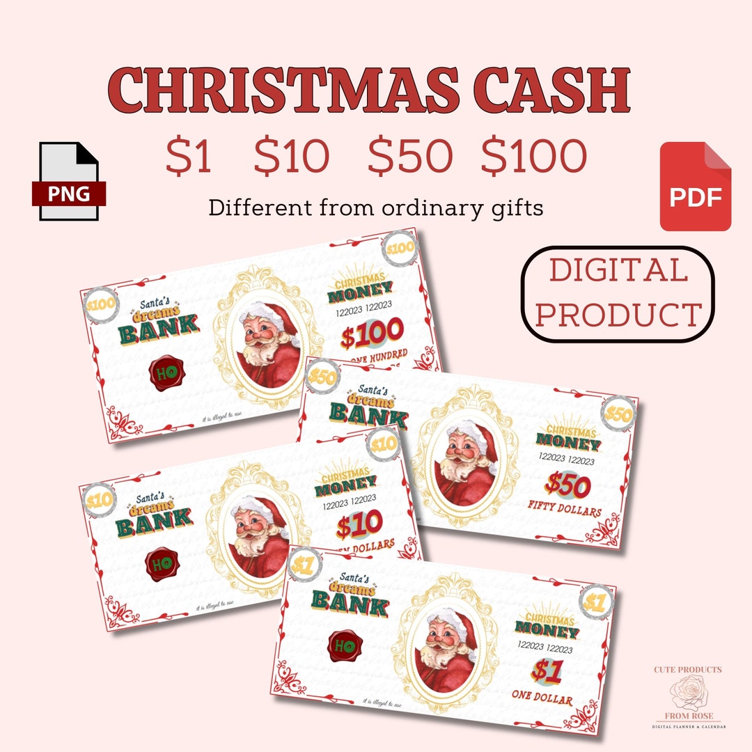 Cute Christmas Money One Dollar, 10,50,100 Dollars | Printable Santa ...