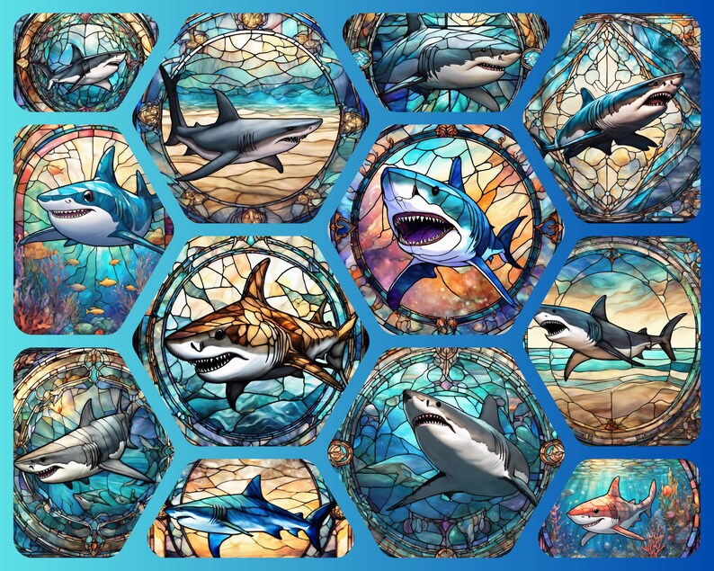Shark Stained Glass Bundle, 25+ Shark JPEGS, Shark Clipart, Shark Art ...