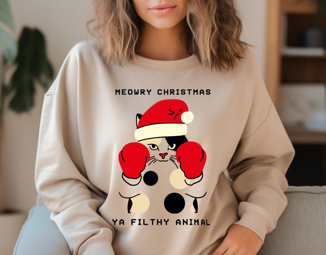 Meowy Christmas Ya Filthy Animals White Sweatshirt Line Drawing ...