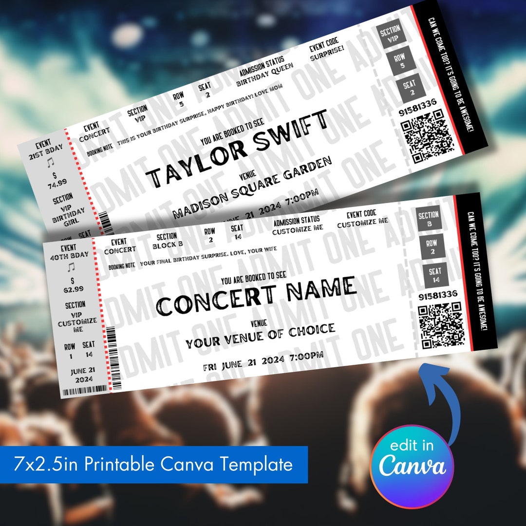 Editable Concert Ticket Canva Template Concert Ticket Stub Editable ...