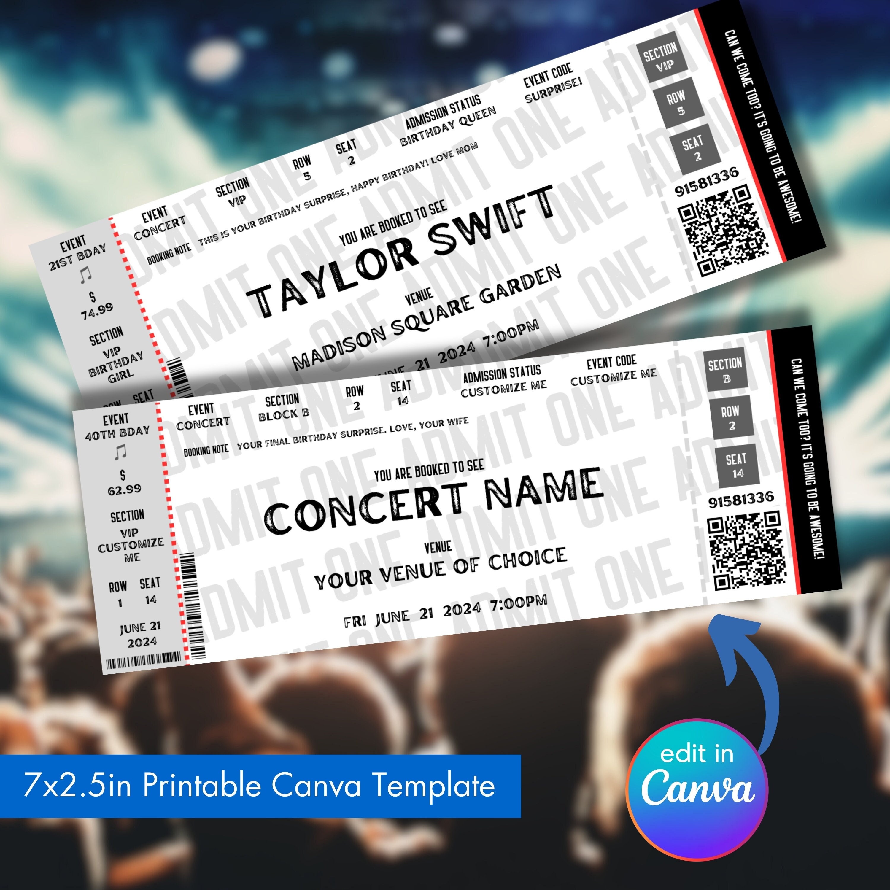 Editable Concert Ticket Canva Template Concert Ticket Stub Editable ...
