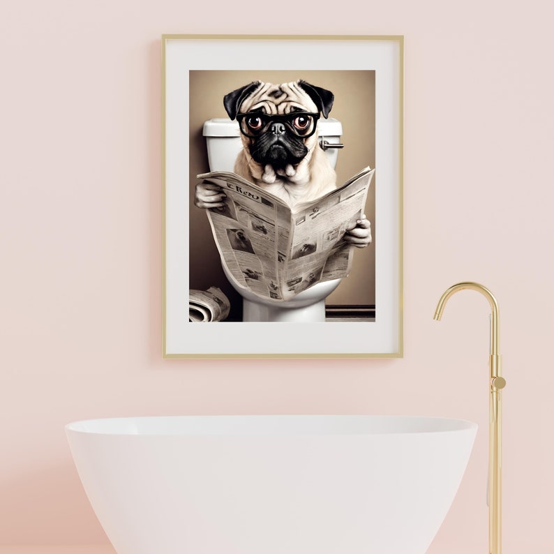 Funny Pug Wall Art Printable Wall Art for Bathroom Picture Pug Reading ...