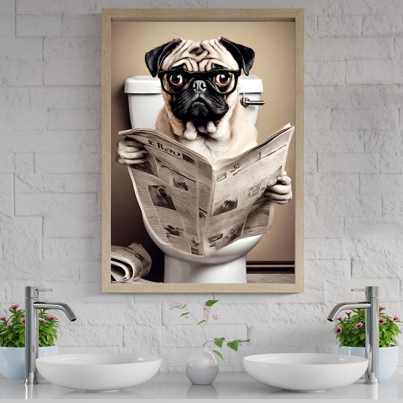 Funny Pug Wall Art Printable Wall Art for Bathroom Picture Pug Reading ...