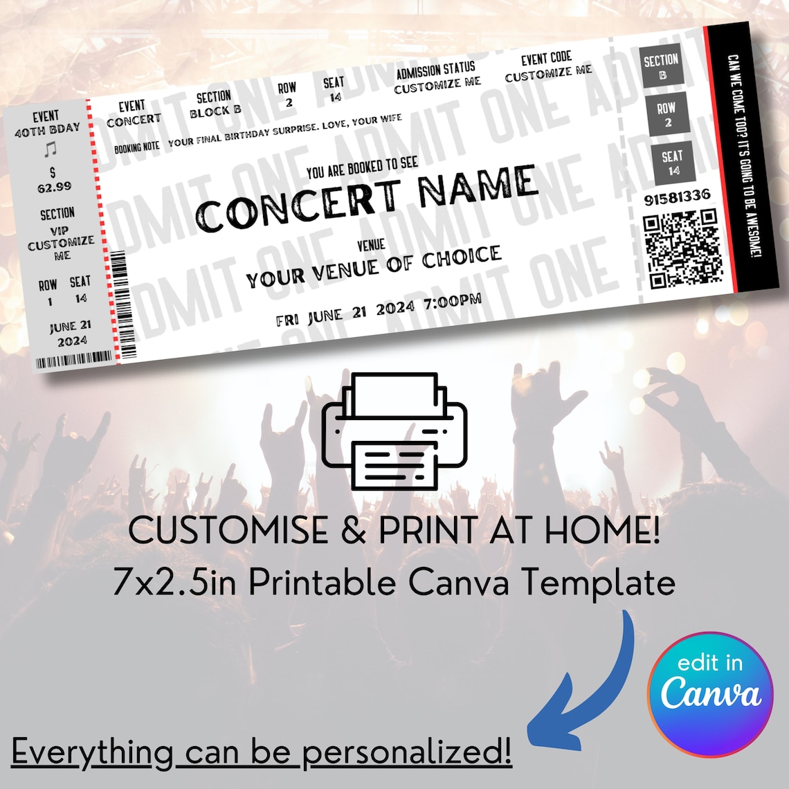 Editable Concert Ticket Canva Template Concert Ticket Stub Editable ...