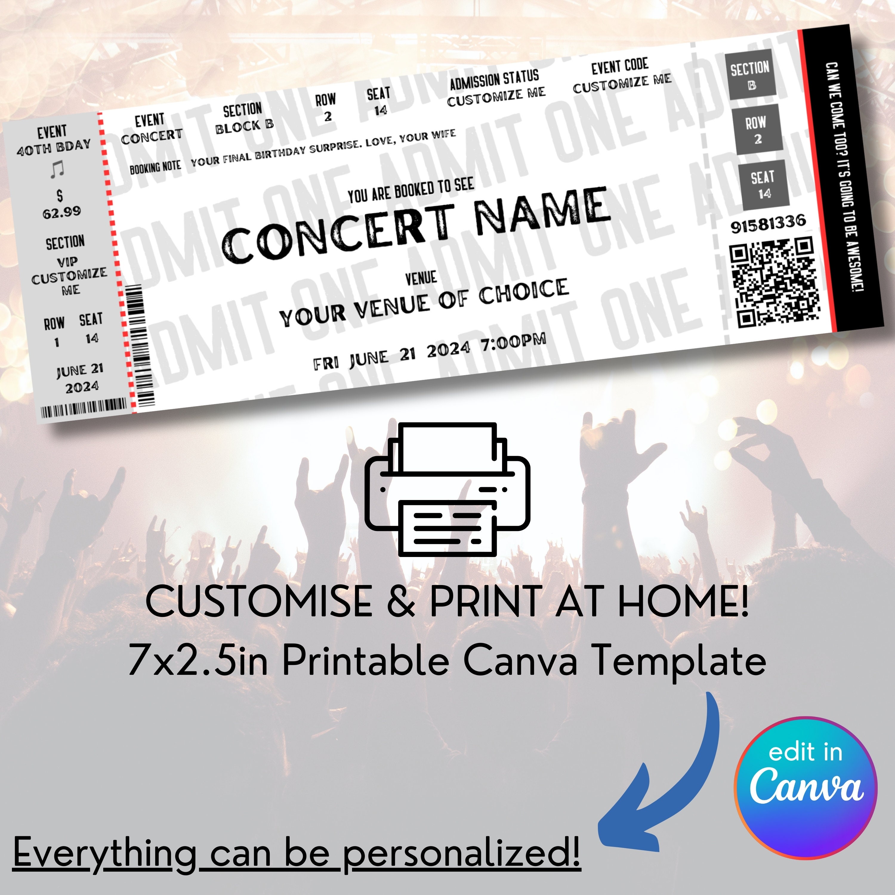 Editable Concert Ticket Canva Template Concert Ticket Stub Editable ...