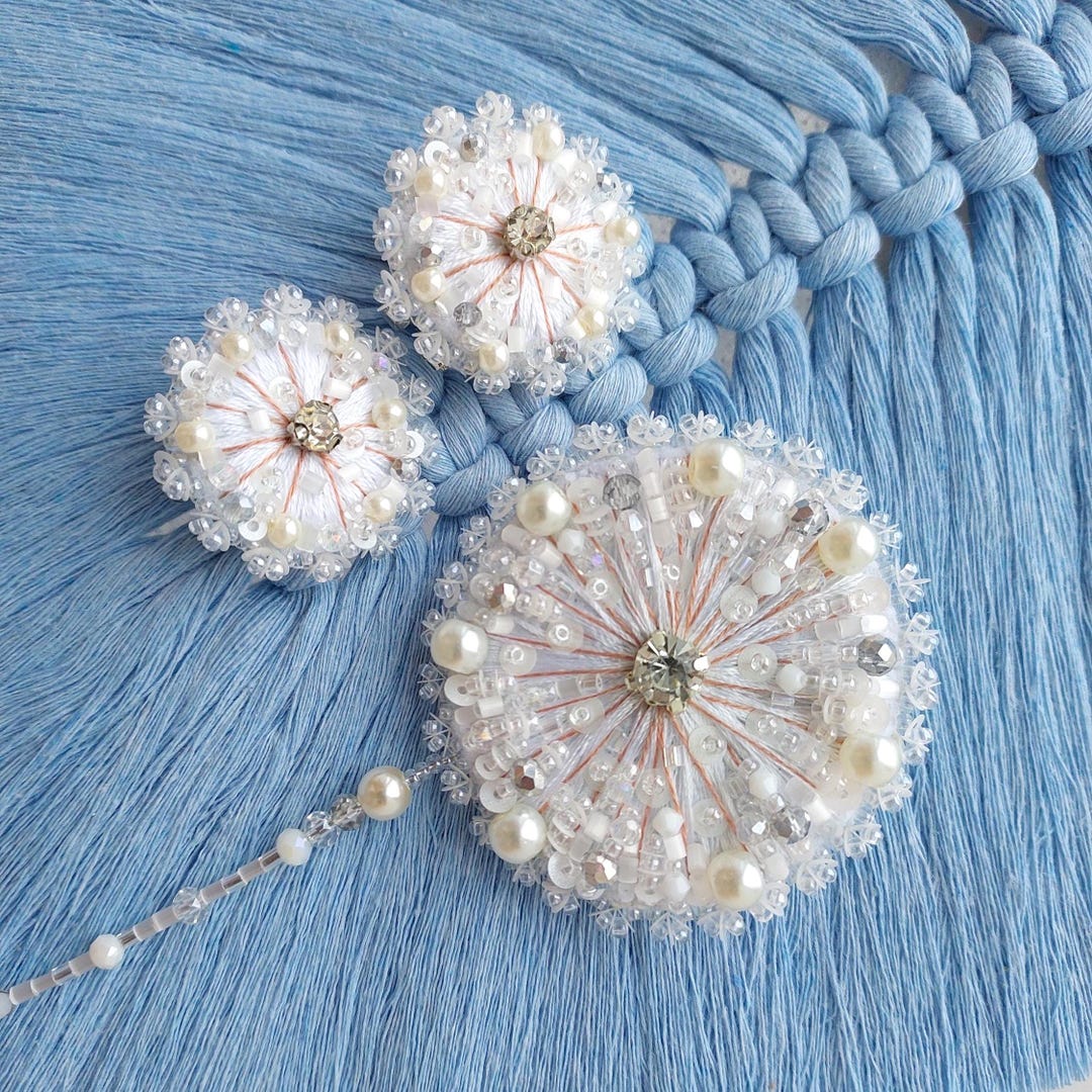 White Crystal Dandelion Jewelry Set, Beaded Embroidery Brooch and ...