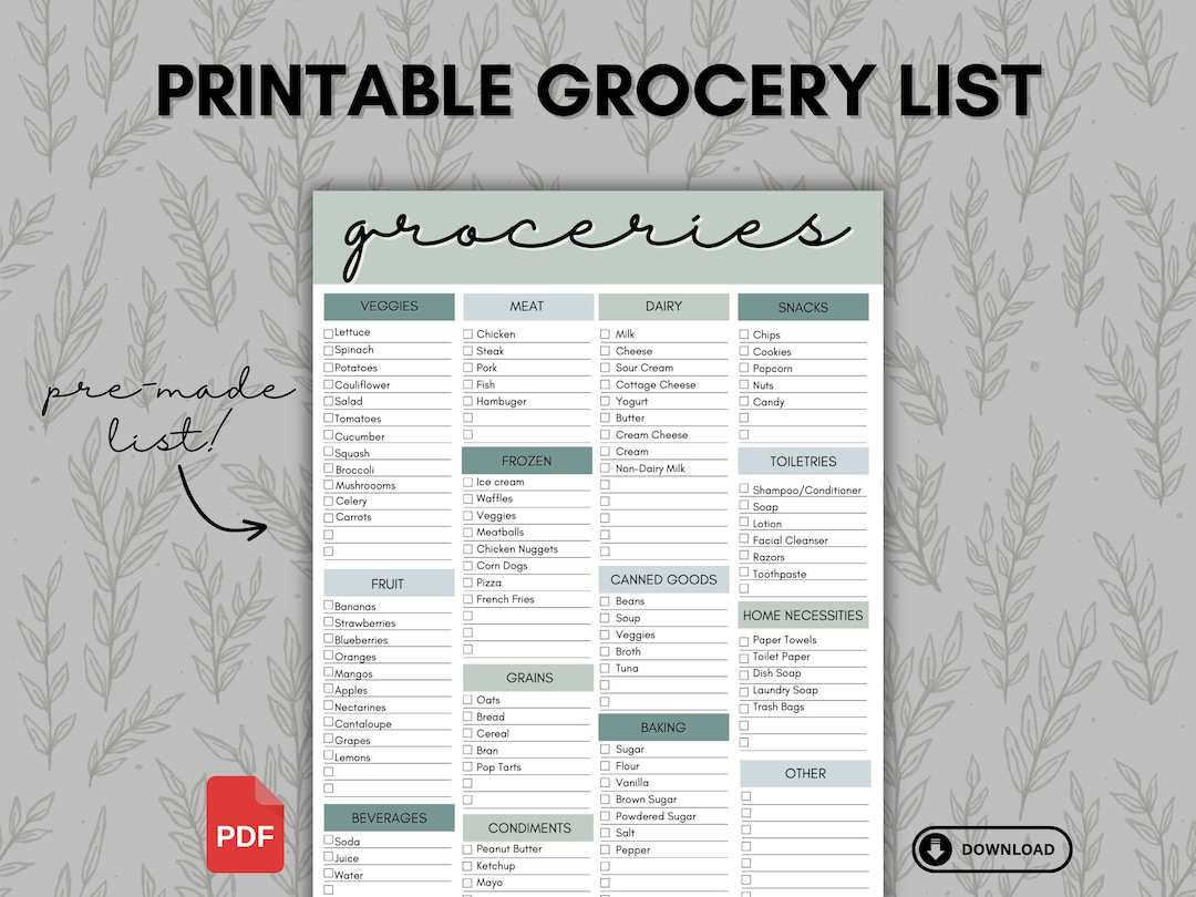 Printable Grocery List PDF Instant Download Printable - Etsy