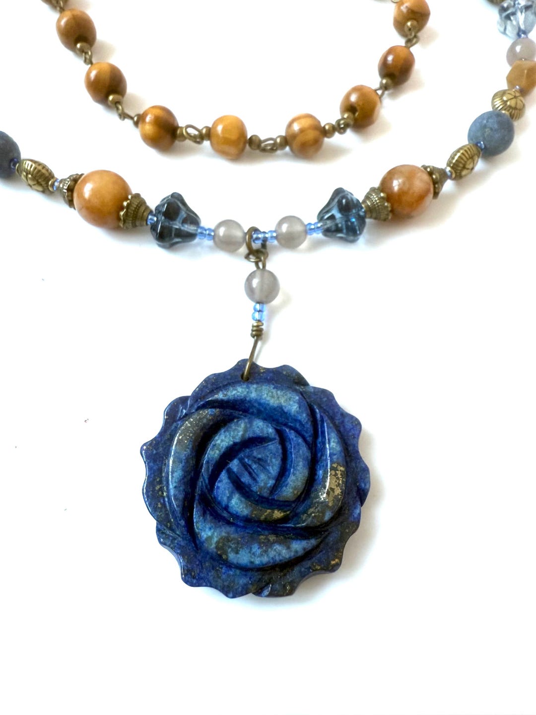 24” Two-strand Beaded Necklace – Lapis Lazuli, Agate, Wood, Glass And ...