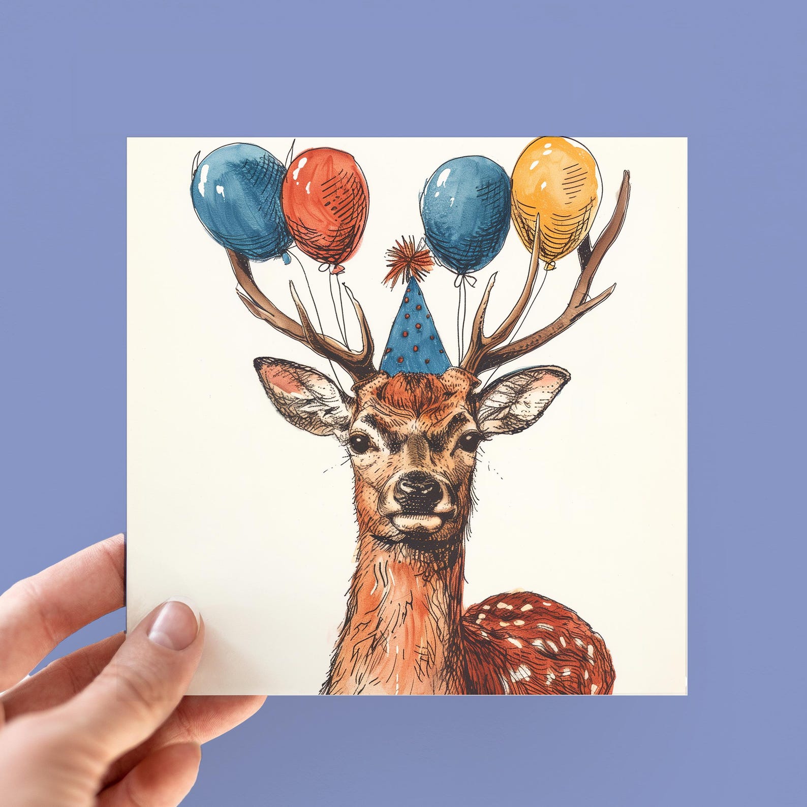 Deer Birthday Cards, Deer With Party Hats and Balloons, Illustrated ...