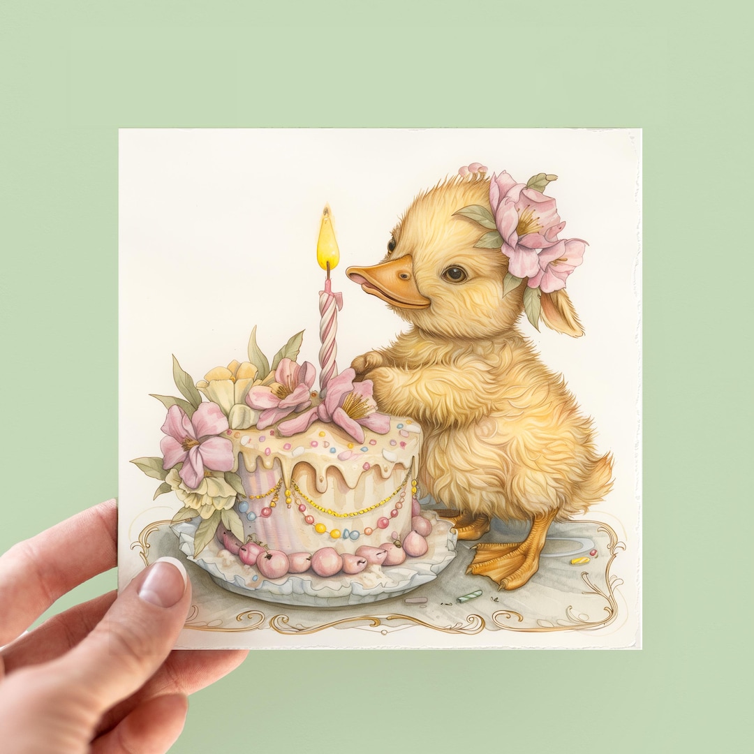 Baby Duck Birthday Card, Illustrated Duckling Birthday Cards, Card for ...