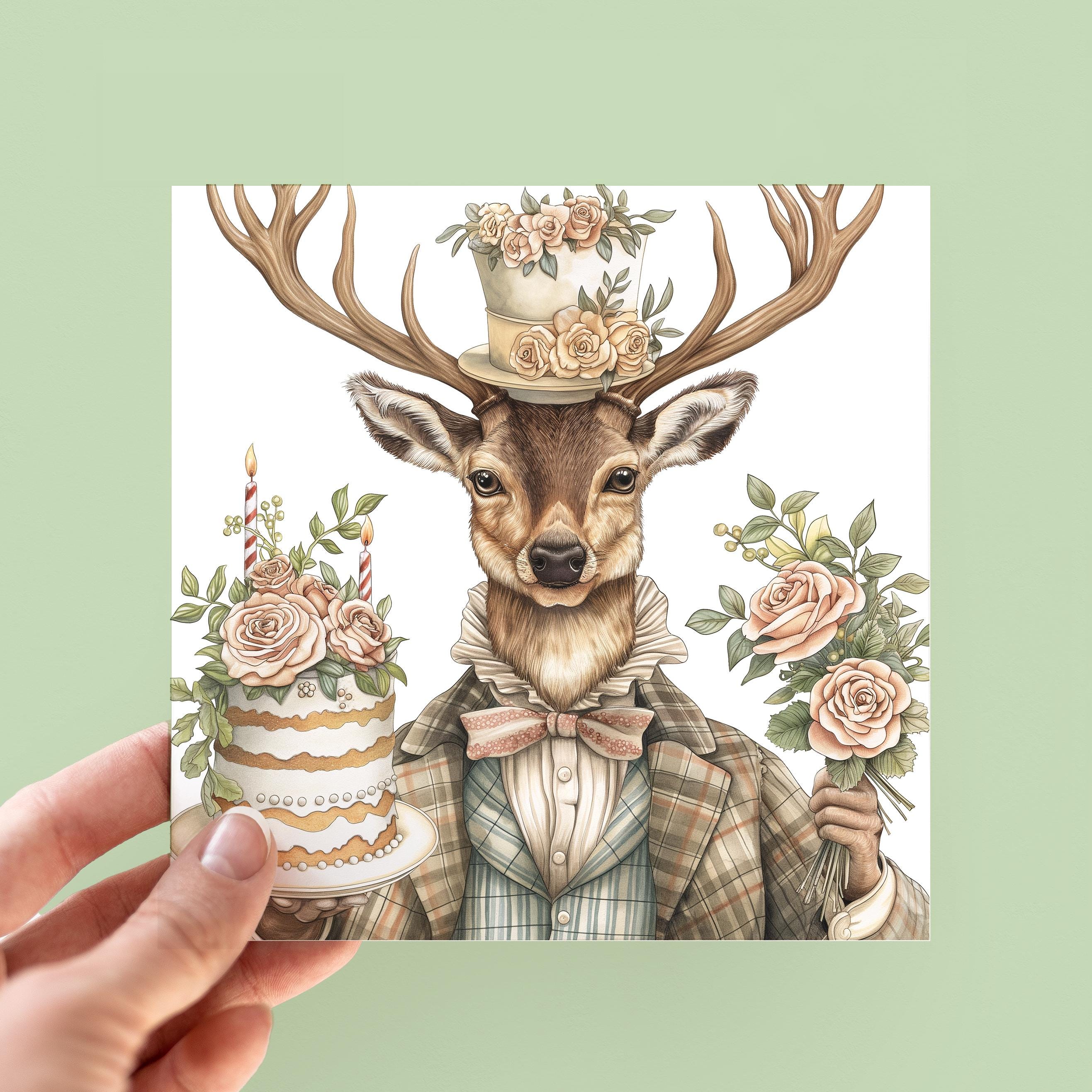 Deer Birthday Card, Illustrated Animal Greeting Cards, Wedding Greeting ...