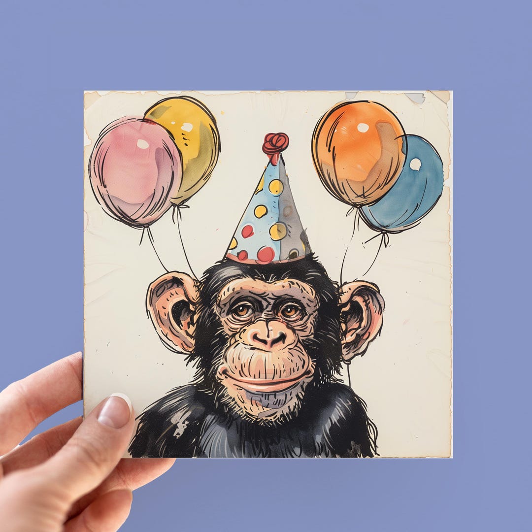 Cute Chimp Card, Chimpanzee Birthday Cards, Cute Wild Animals Card ...
