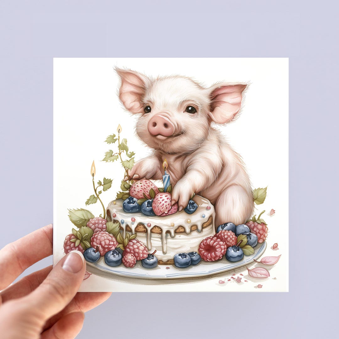 Cute Pig Birthday Card, Illustrated Farm Animal Cards, Piggy Card for ...