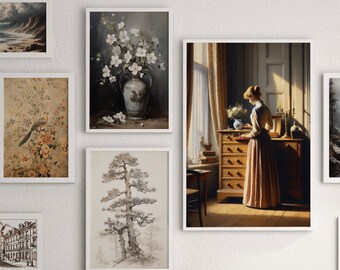 Vintage European Prints Set Rustic Gallery Wall Set Muted Living Room ...