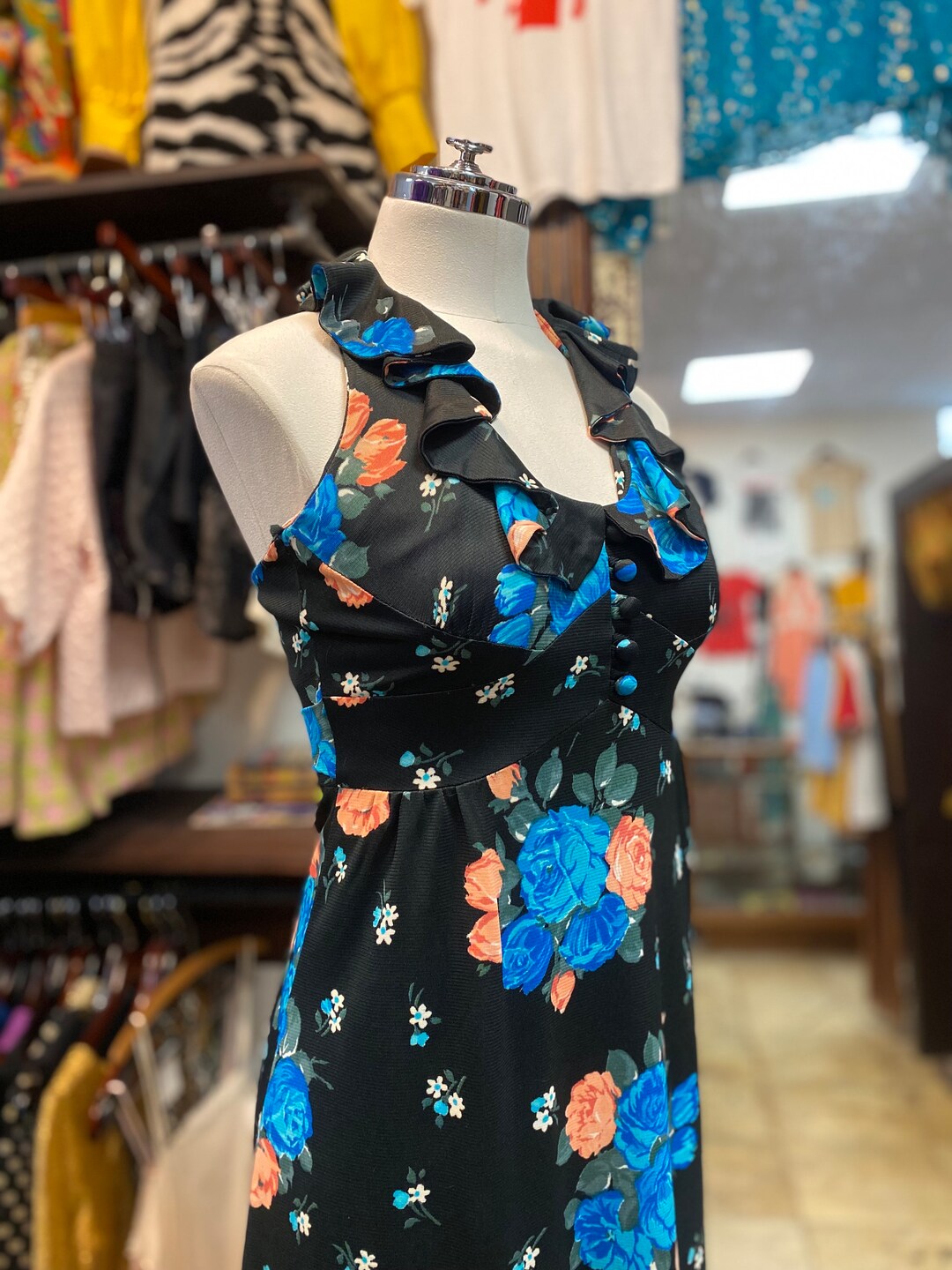 Vintage 70s Maxi Halter Dress Belted Ruffled Floral Sundress Glam Rock ...