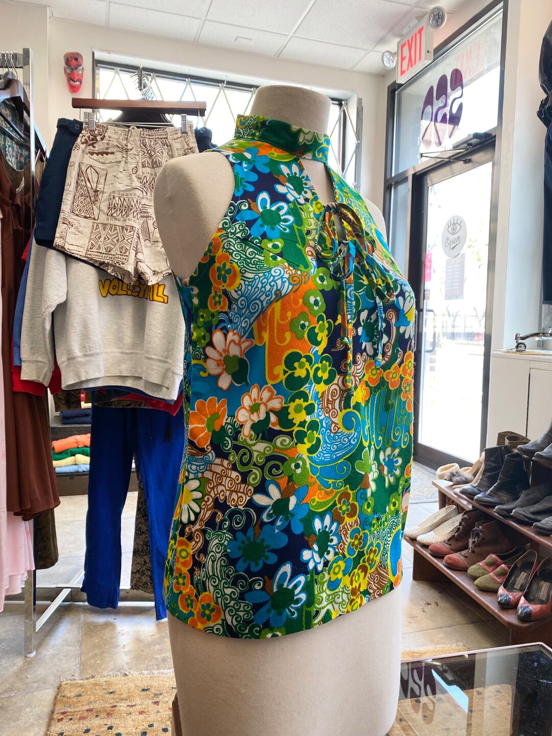 Vintage 60s 70s Psychedelic Cutout Top Barkcloth Keyhole Floral ...