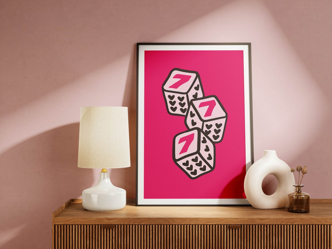 Lucky 777 Dice Art DIY Printable Decor, Pink Black Triple Seven ...