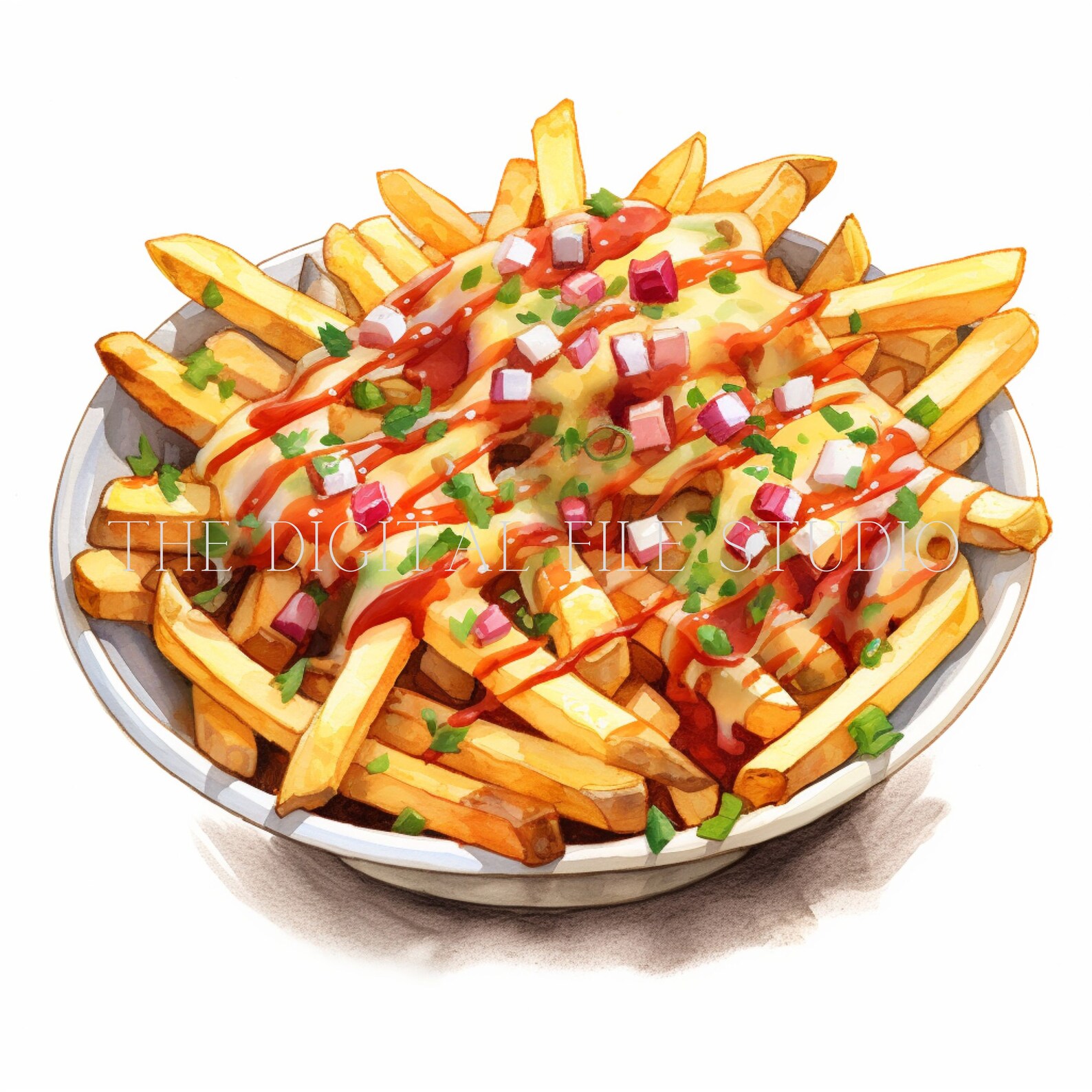 12 Watercolor Loaded Fries Clipart PNGJPGPDF Loaded Fries Digital Images Fries Graphics ...