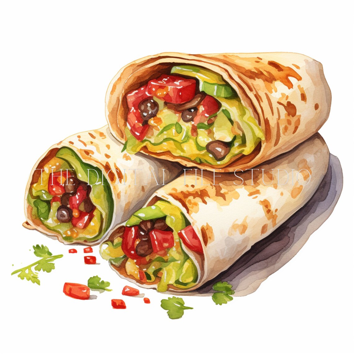 12 Watercolor Burritos Clipart PNGJPGPDF Burritos Digital Images Burritos Graphics Watercolor ...