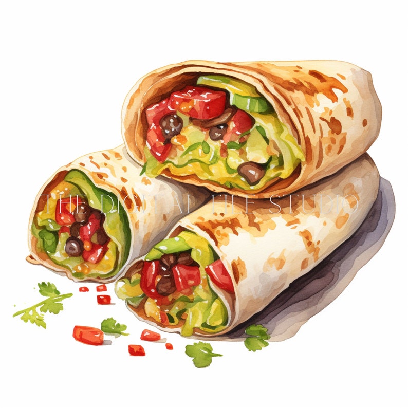 12 Watercolor Burritos Clipart PNGJPGPDF Burritos Digital Images Burritos Graphics Watercolor ...