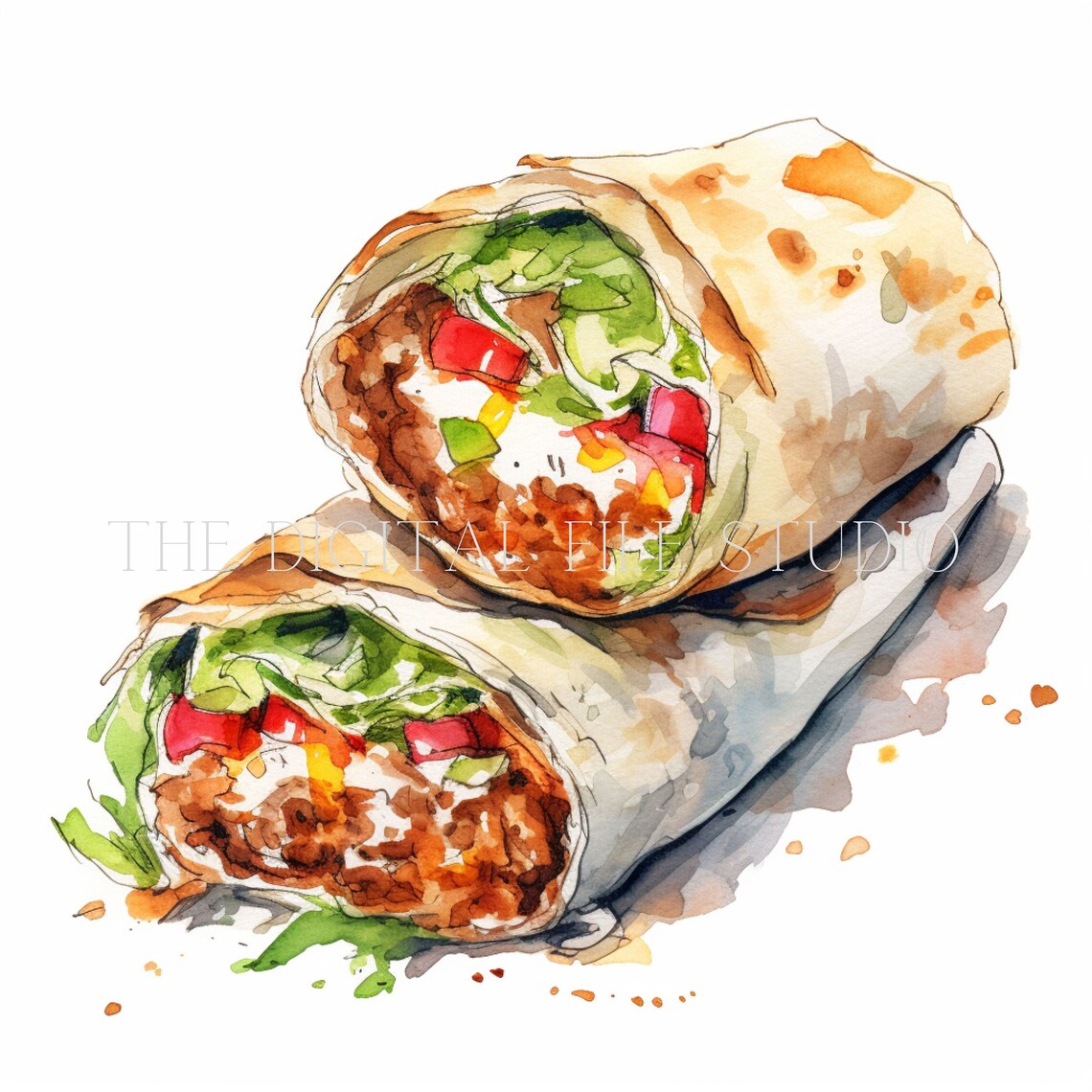 12 Watercolor Burritos Clipart PNGJPGPDF Burritos Digital Images ...