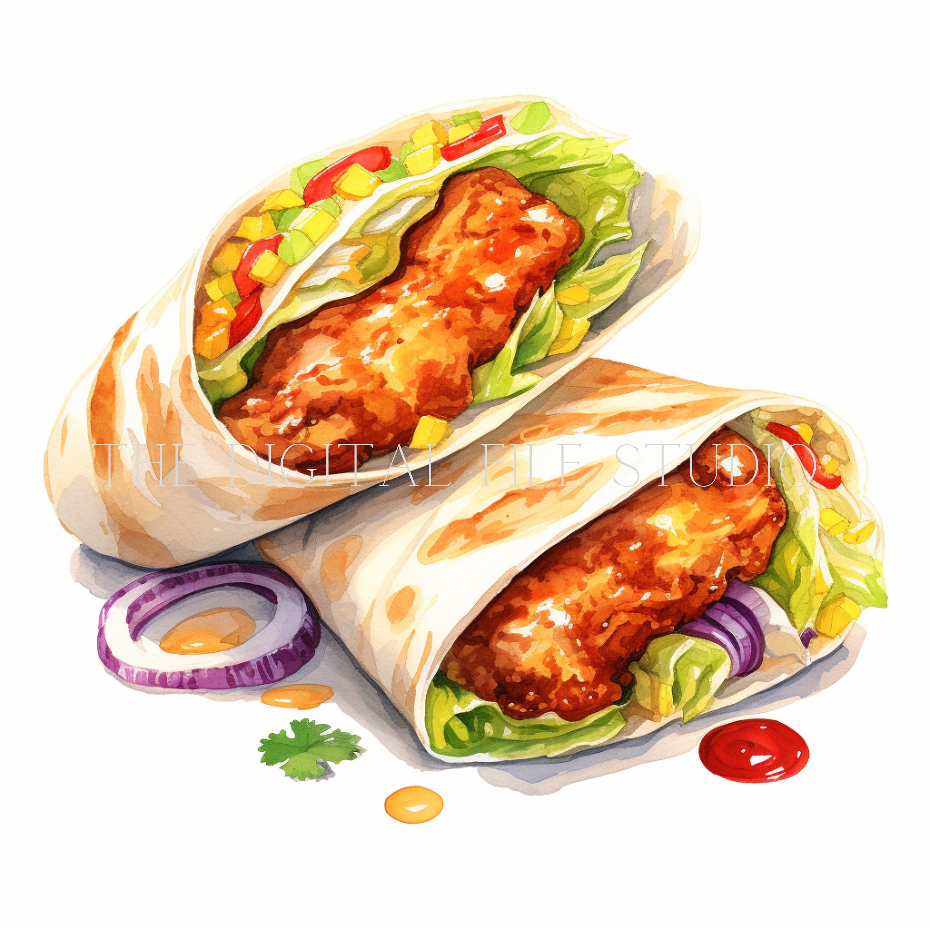 12 Watercolor Chicken Wrap Clipart PNGJPGPDF Chicken Wrap Digital ...
