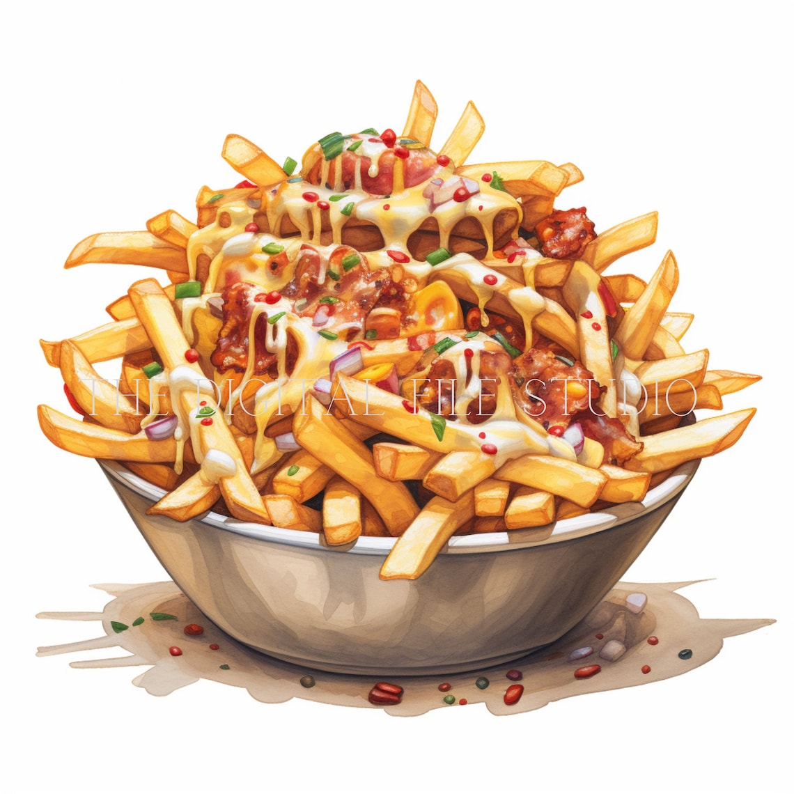 12 Watercolor Loaded Fries Clipart PNGJPGPDF Loaded Fries Digital Images Fries Graphics ...