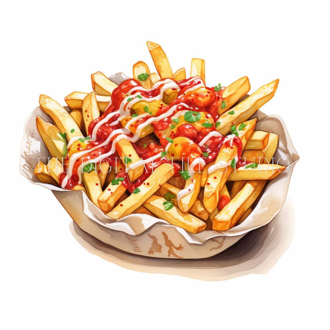 12 Watercolor Loaded Fries Clipart PNGJPGPDF Loaded Fries Digital Images Fries Graphics ...