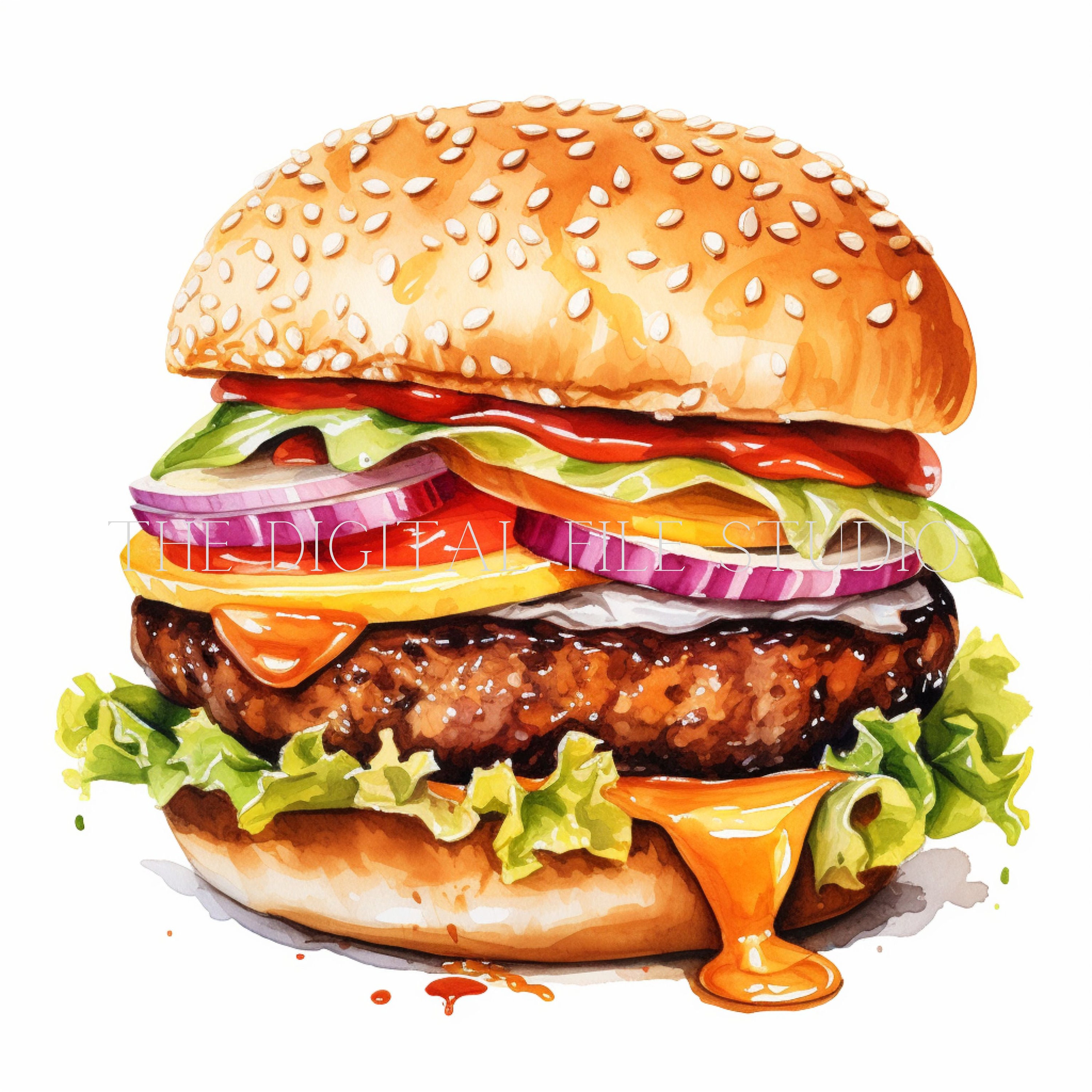 12 Watercolor Burgers Clipart PNGJPGPDF Burgers Digital Images Burgers ...