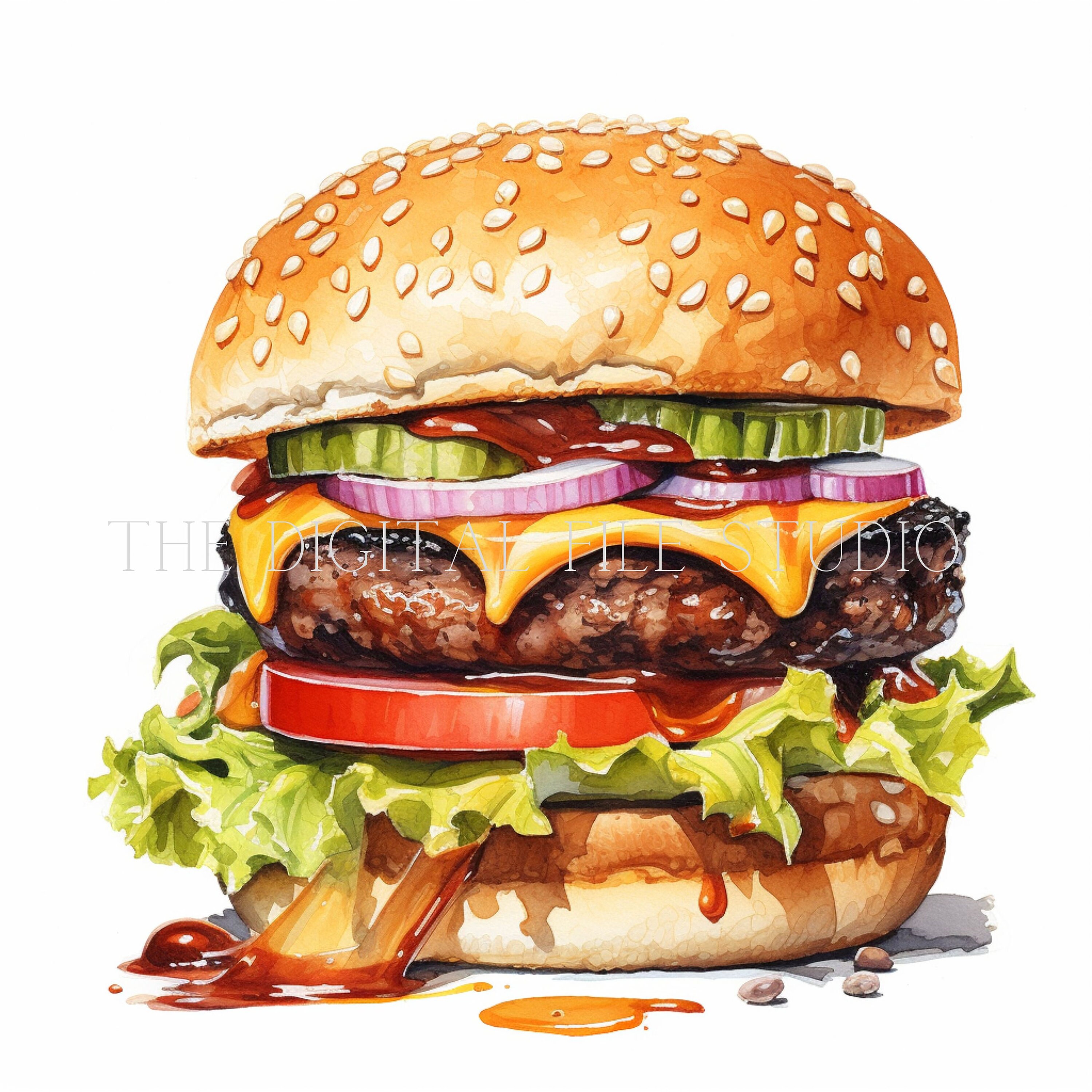 12 Watercolor Burgers Clipart PNGJPGPDF Burgers Digital Images Burgers ...