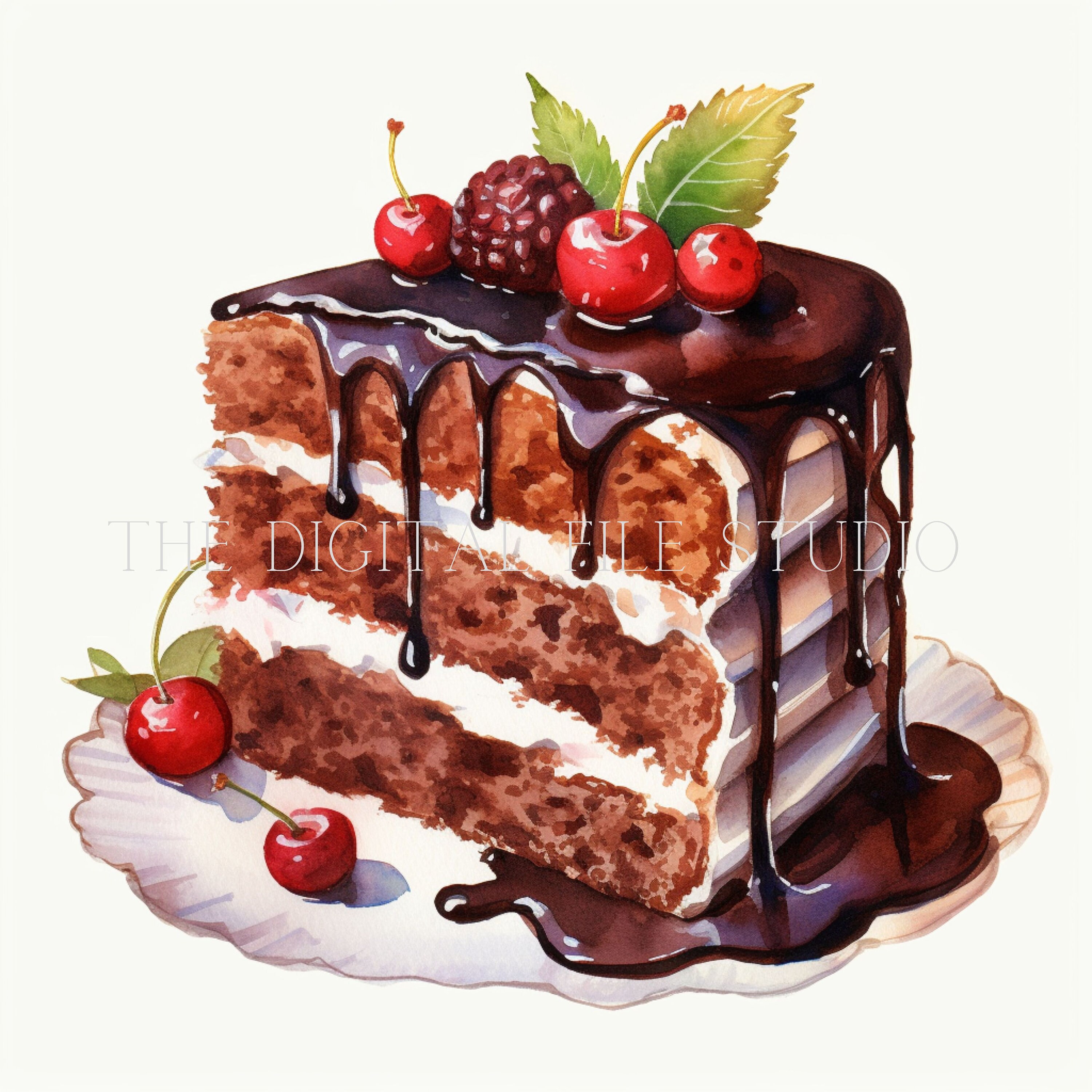 12 Watercolor Chocolate Cake Clipart PNGJPGPDF Chocolate Cake Digital ...
