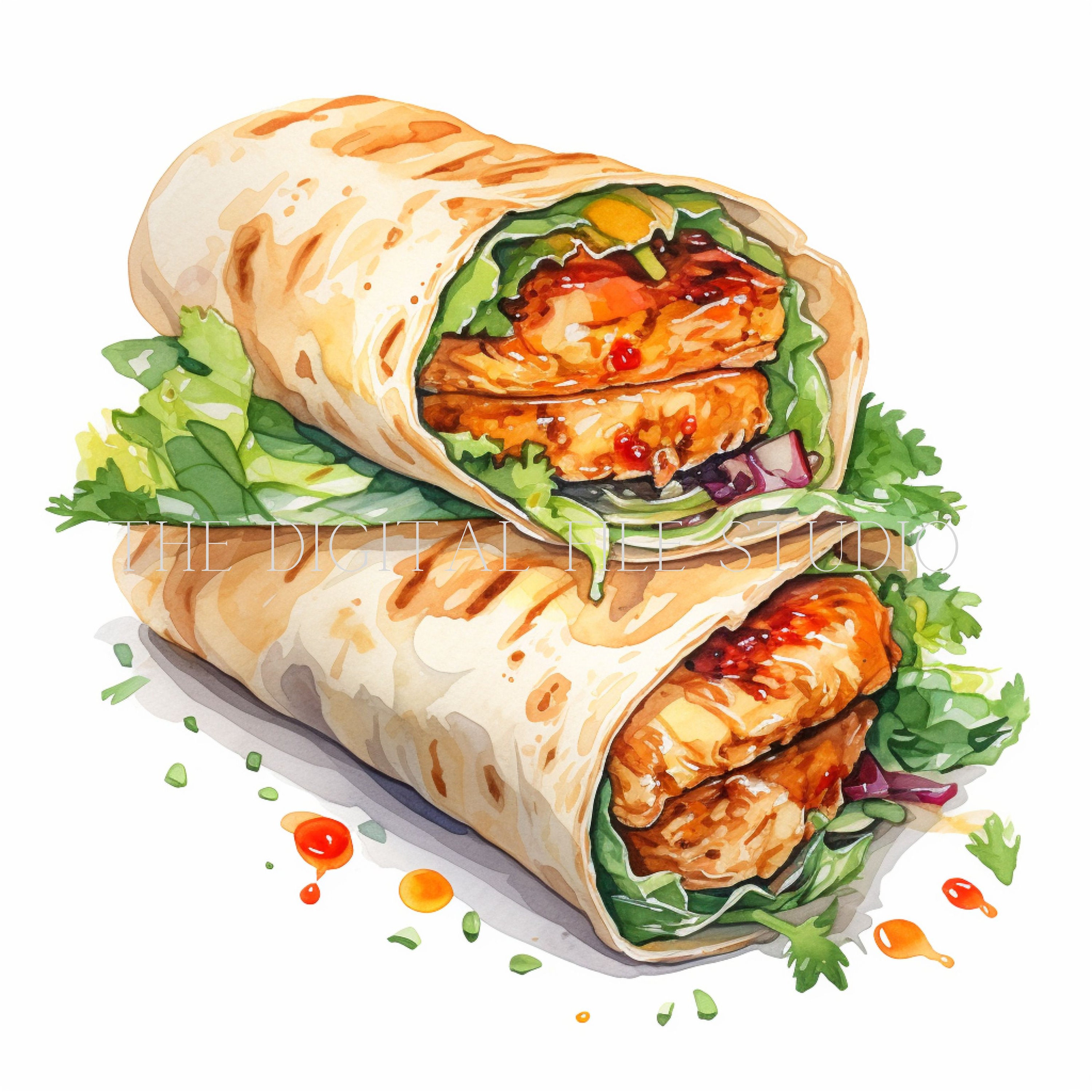 12 Watercolor Chicken Wrap Clipart PNGJPGPDF Chicken Wrap Digital ...