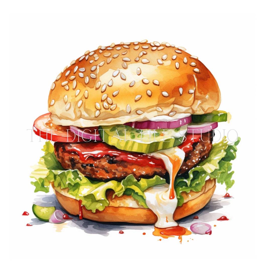 12 Watercolor Burgers Clipart PNGJPGPDF Burgers Digital Images Burgers ...