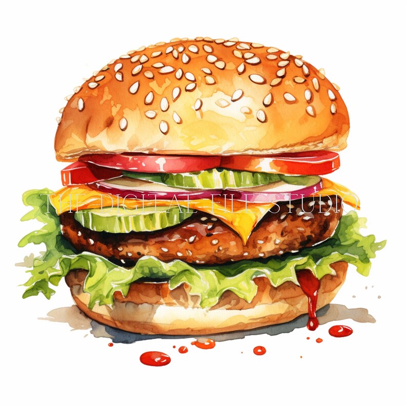 12 Watercolor Burgers Clipart PNGJPGPDF Burgers Digital Images Burgers ...