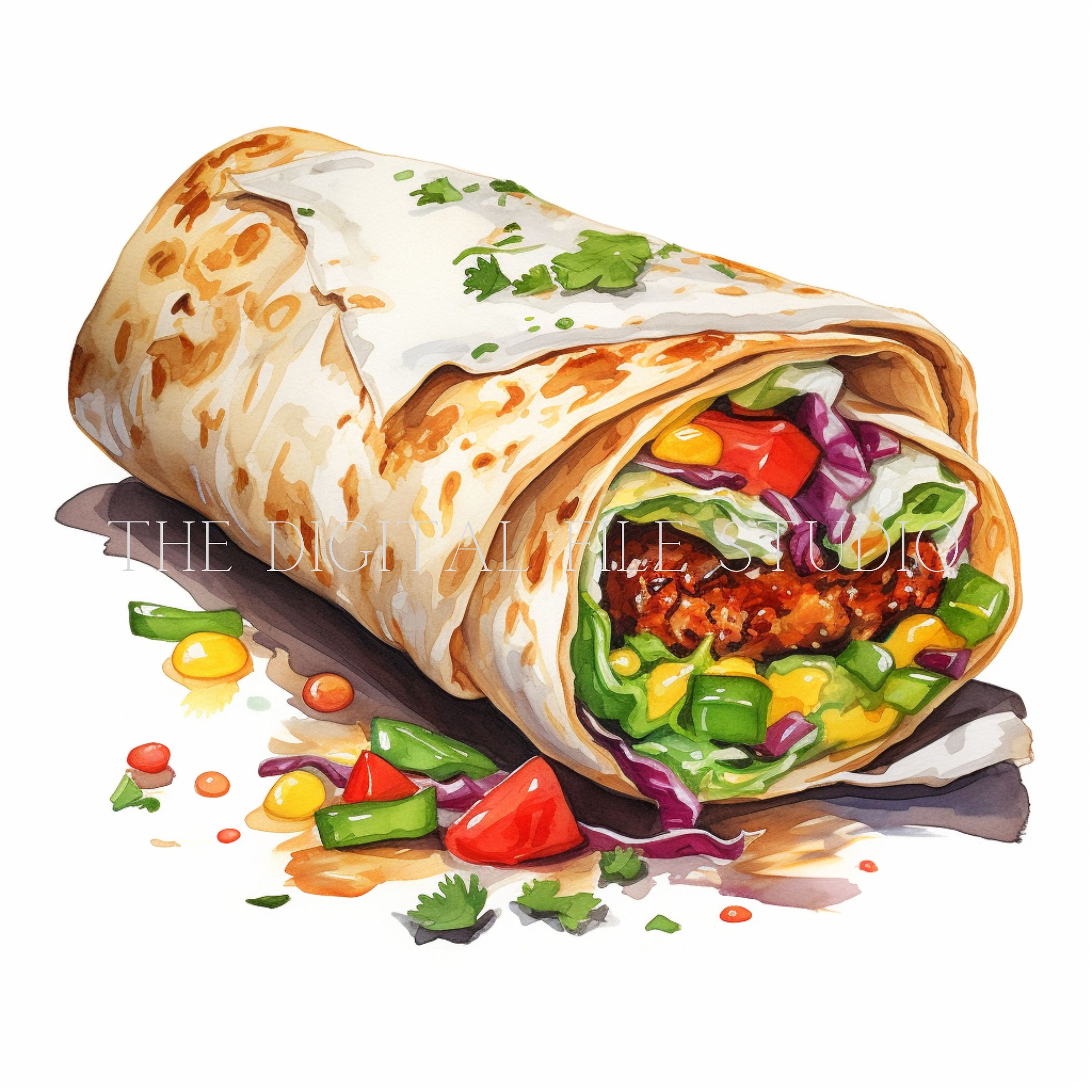 12 Watercolor Burritos Clipart PNGJPGPDF Burritos Digital Images Burritos Graphics Watercolor ...